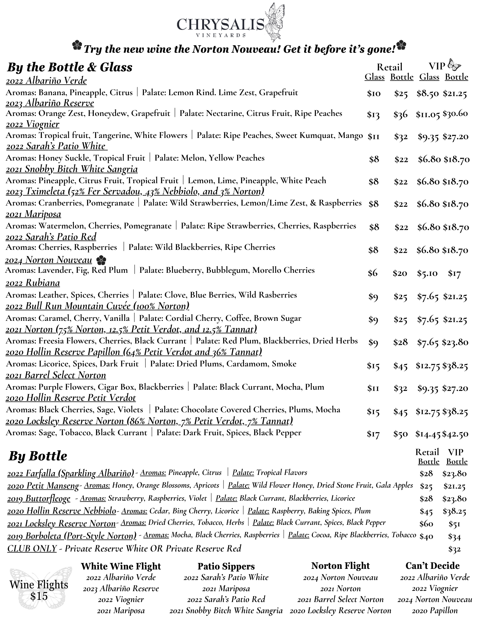 Chrysalis Vineyards - Visit - Our Menu