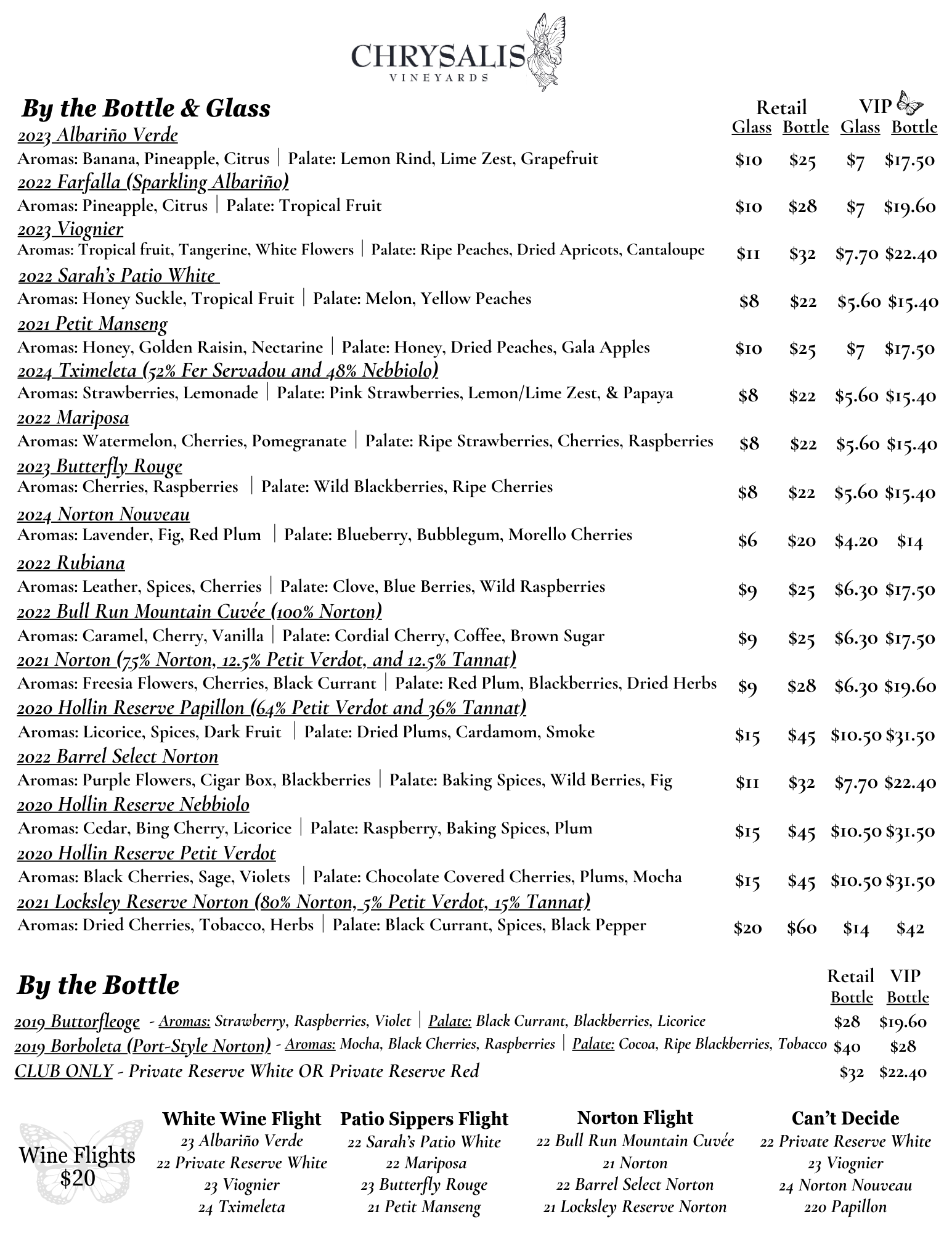 Chrysalis Vineyards - Visit - Our Menu